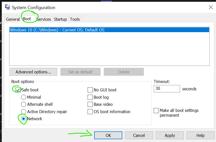 Reboot a device in safe mode using MSCONFIG